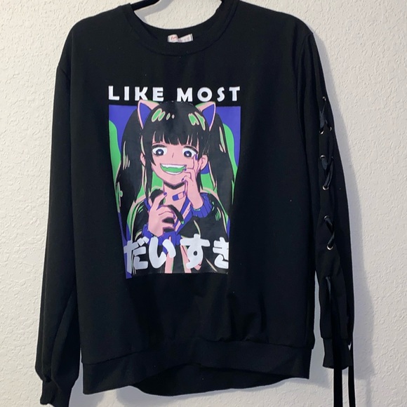 ROMWE | Tops | Romwe Kawaii Letter Figure Graphic Lace Up Side Drop ...